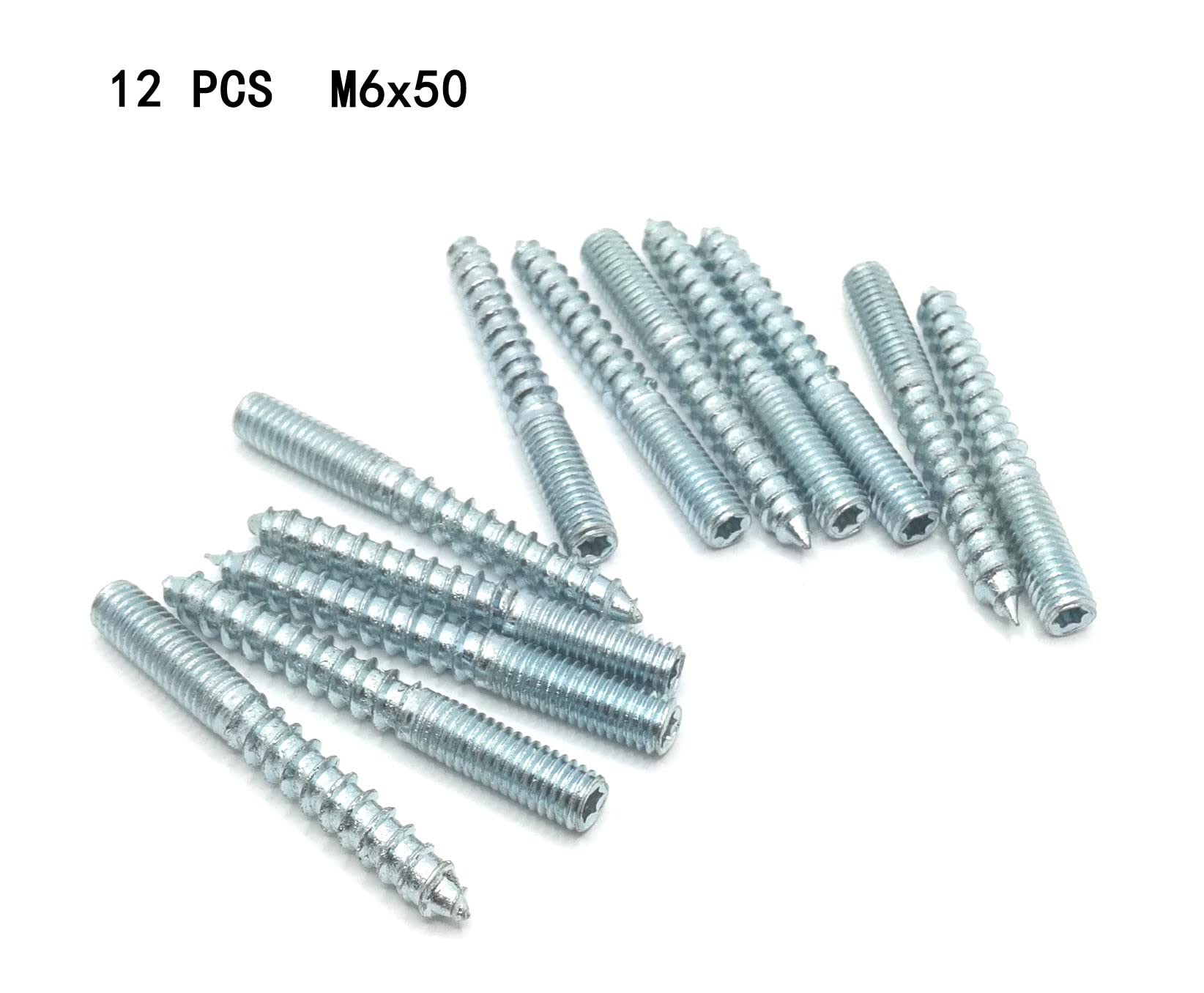 Haozheng Hanger Bolt M6x50 Silvery Double Headed Bolt Self-Tapping Screw for Furniture 12Pcs