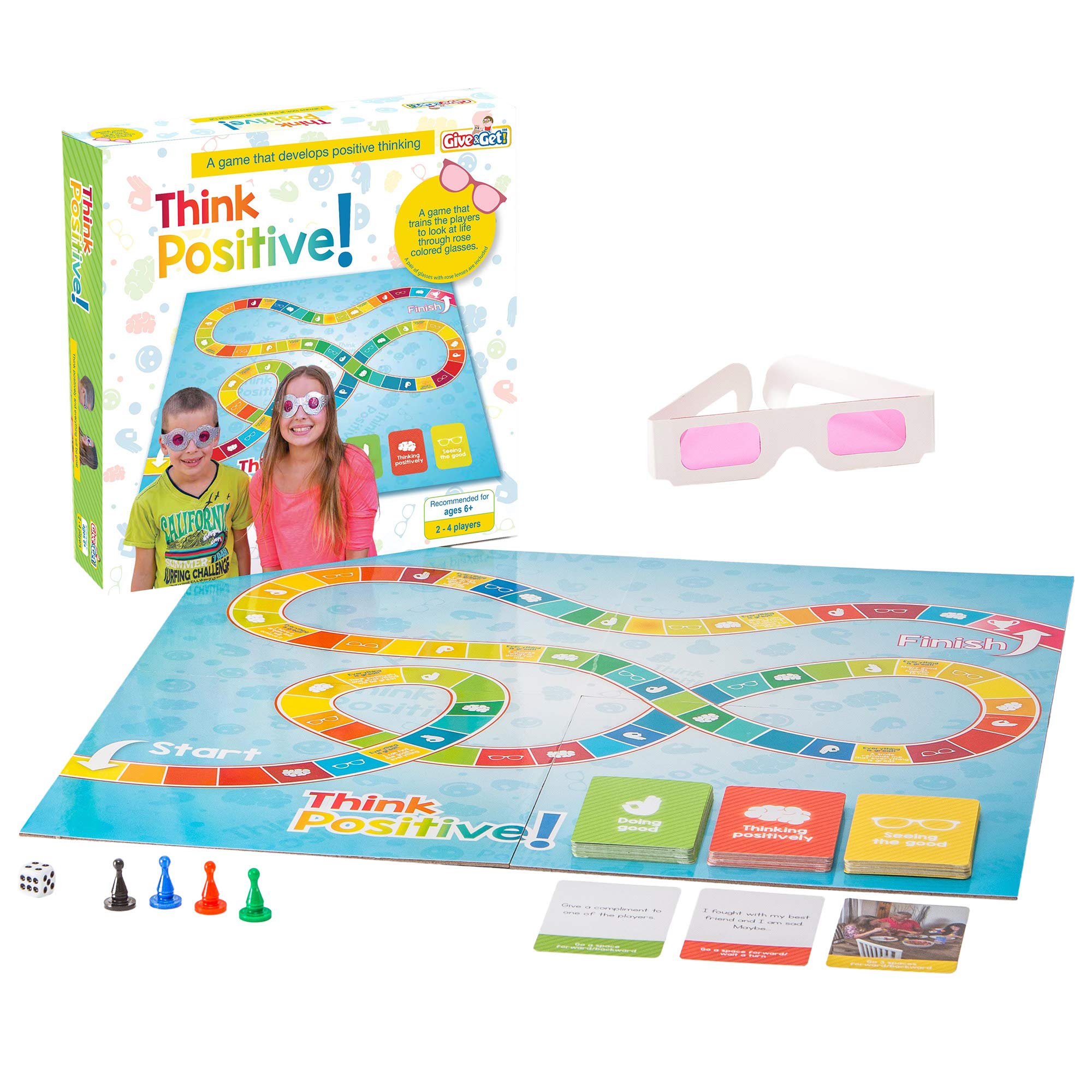 Think Positive a fun Kids Board Game to promote positive thinking in life for ages 6+. Therapy and learning family game with Doing Good, Thinking Positively and Seeing Good cards & rose tinted glasses