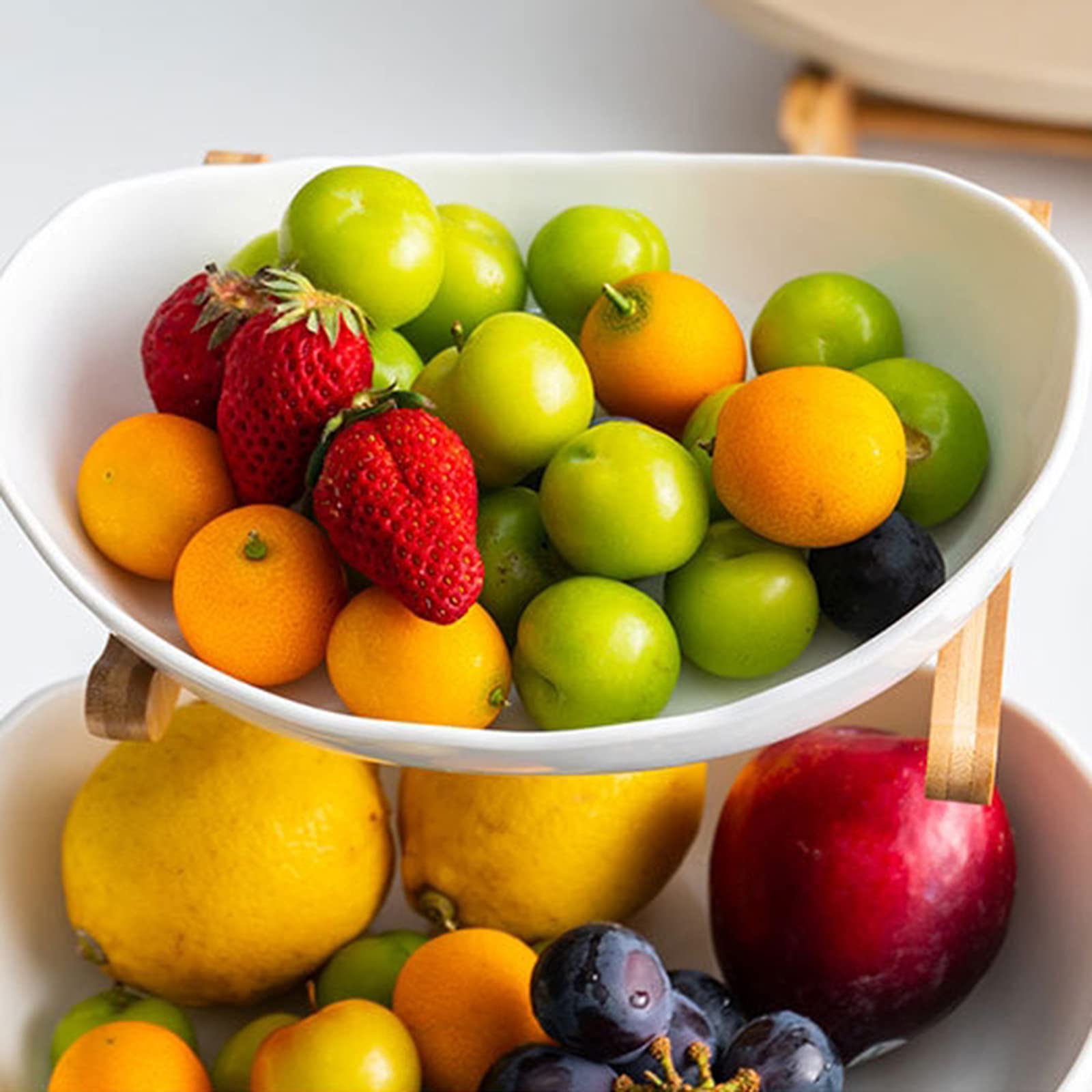 CNCEST 3 Layer Ceramic Fruit Plate Bamboo Wooden Frame Household Sushi Basket Bowl Holder Multi-Layer Tray Storage Rack Vegetables Stand Kitchen Organizer White
