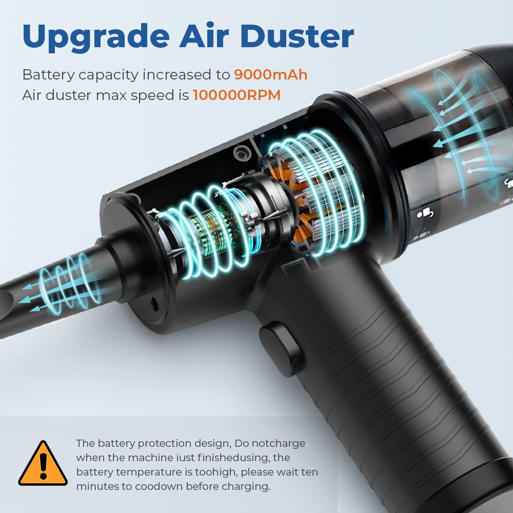 Compressed Air Duster and Vacuum 2-in-1, Reusable Keyboard Cleaner, Good Replace Compressed Air Can, Electric Air Duster 100000RPM -Cordless Air Duster for Computers 9000 mAh (Black)