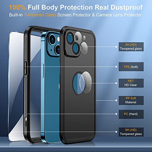 SPIDERCASE [Real 360 Designed for iPhone 13 Case Waterproof, Built-in 9H Tempered Glass Screen Protector [Dustproof] [12FT Military Dropproof][Full-Body Shockproof][IP68 Underwater] Case-Black