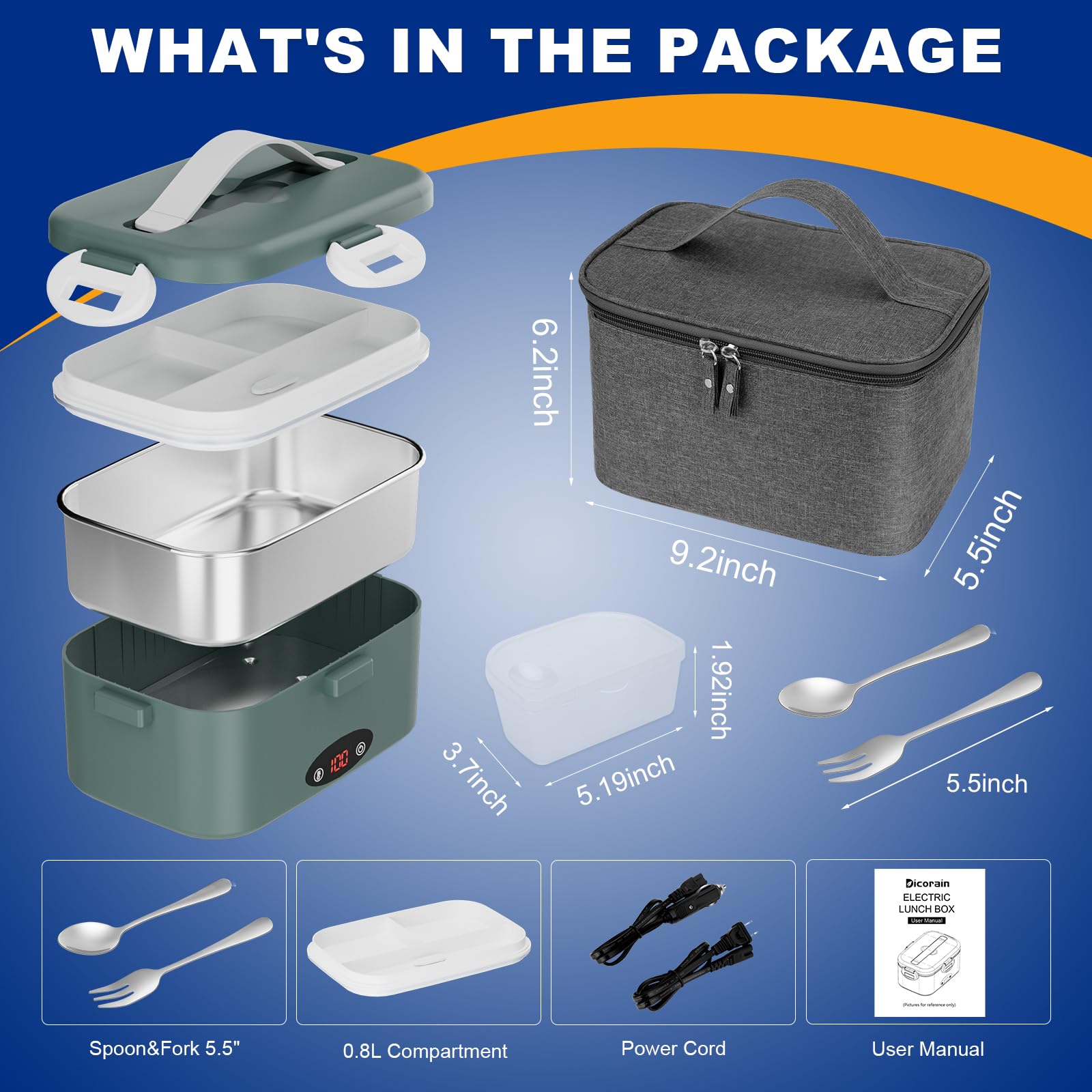 Dicorain Electric Lunch Box with Temperature Control Function, 100w Heated Lunch Box 1.8L Portable Food Warmer for Adults, 12/24/110v Heating Lunch Box for Car/Truck/Office with Thickened Bag