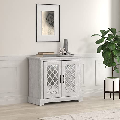 Galano Millicent 2 Door Sideboard, Buffets & Sideboards, Storage Cabinet, Credenza for Living Room, Buffet Cabinet with Storage, Acrylic Mirror, Black with Knotty Grey Oak