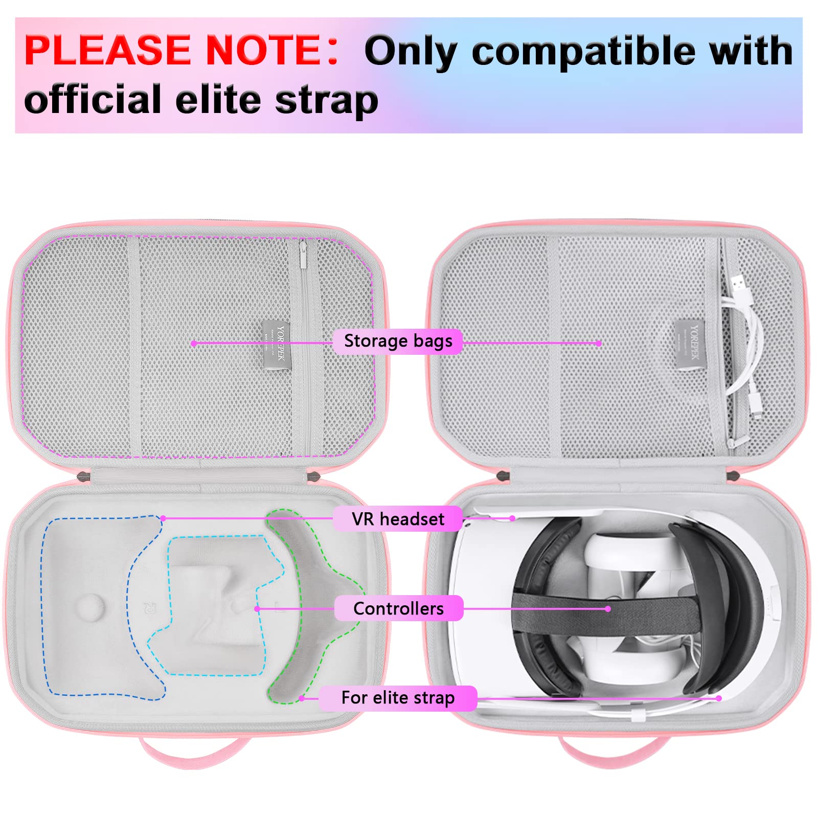 YOREPEK Cute Carrying Case Compatible with Oculus Quest 2 Headsets, Basic Elite Strap, Controllers and VR Accessories for Women, Hard Meta Carry Bag for Travel and Home Storage - Pink