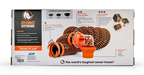 Camco RhinoEXTREME 15-Foot Camper/RV Sewer Hose Kit | Features TPE Technology for Abrasion Resistance and Crush Protection | Includes Pre-Attached Rhino Swivel Fittings (39861)