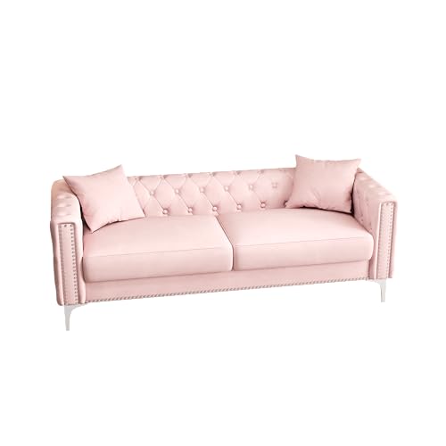 FANYE Velvet Upholstered Sofa Couch with 2 Pillows,Modern 3 Seaters Sofa Couch with Nailhead Decor and Metal Legs for Living Room