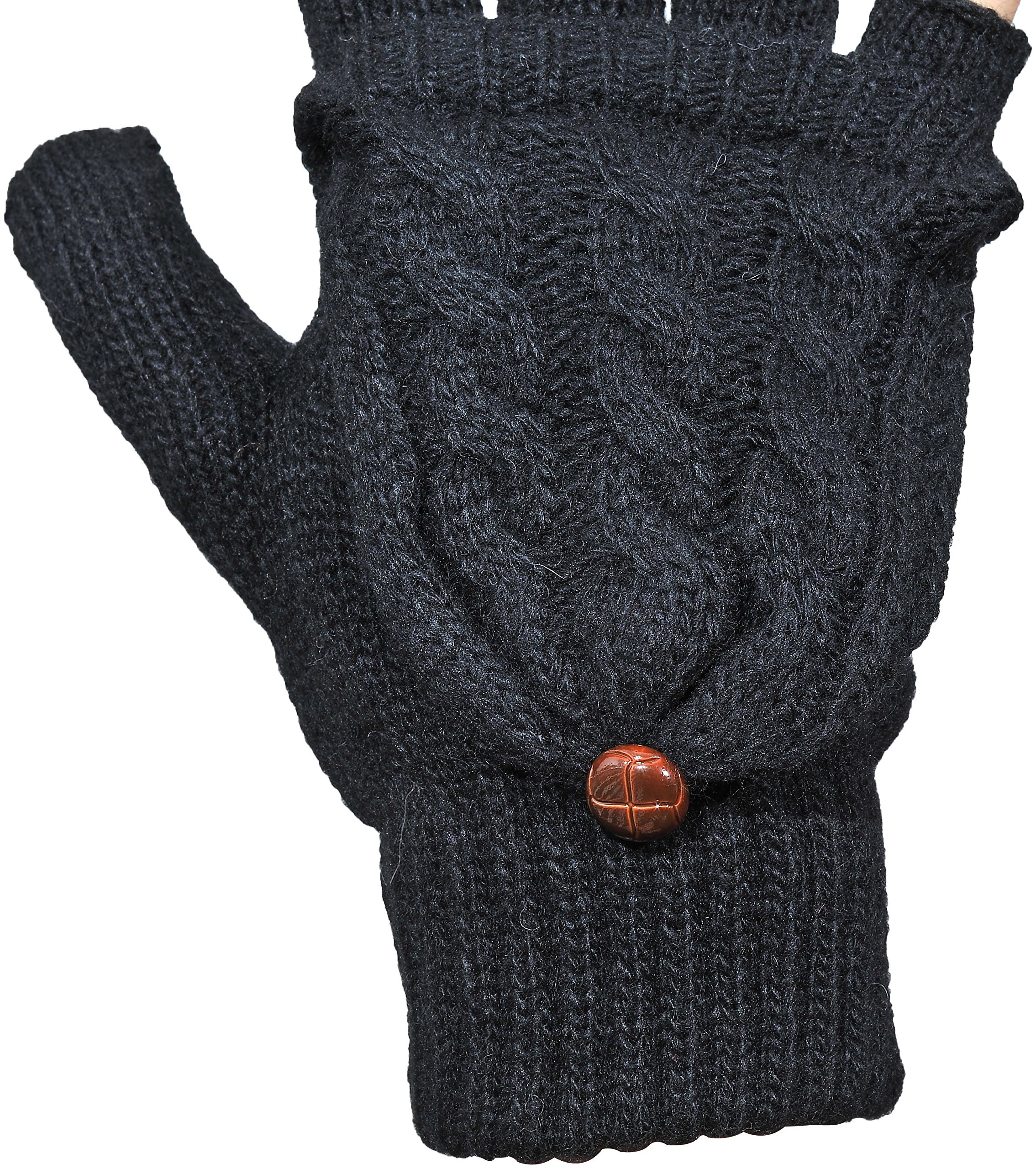 Beurlike Women's Winter Gloves Warm Wool Knitted Convertible Fingerless Mittens (Black)
