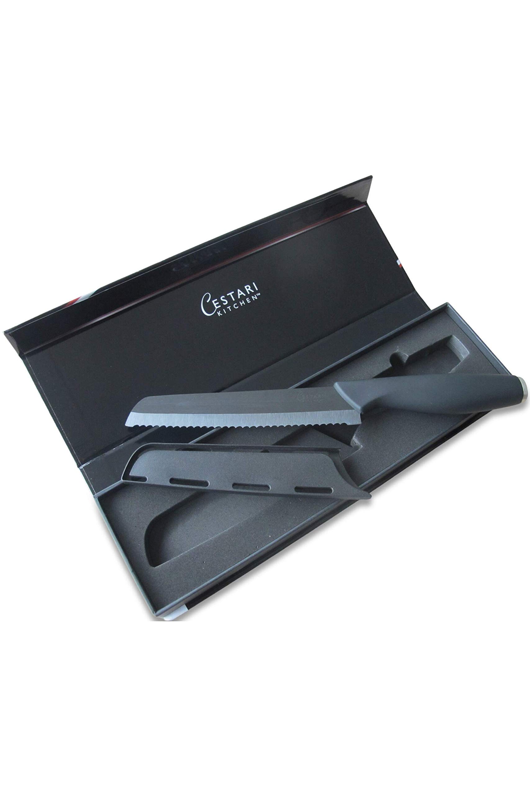 Cestari Advanced Ceramic Knife - Razor Thin Slices -Serrated Bread Knives - Never Needs Sharpening - Black Mirror Finish - Specialty Knives - Tomato Knife with Safety Sheath in Luxury Gift Box
