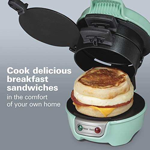Hamilton Beach Breakfast Sandwich Maker with Egg Cooker Ring, Customize Ingredients, Perfect for English Muffins, Croissants, Mini Waffles, Dorm Room Essentials, Mint (25482)
