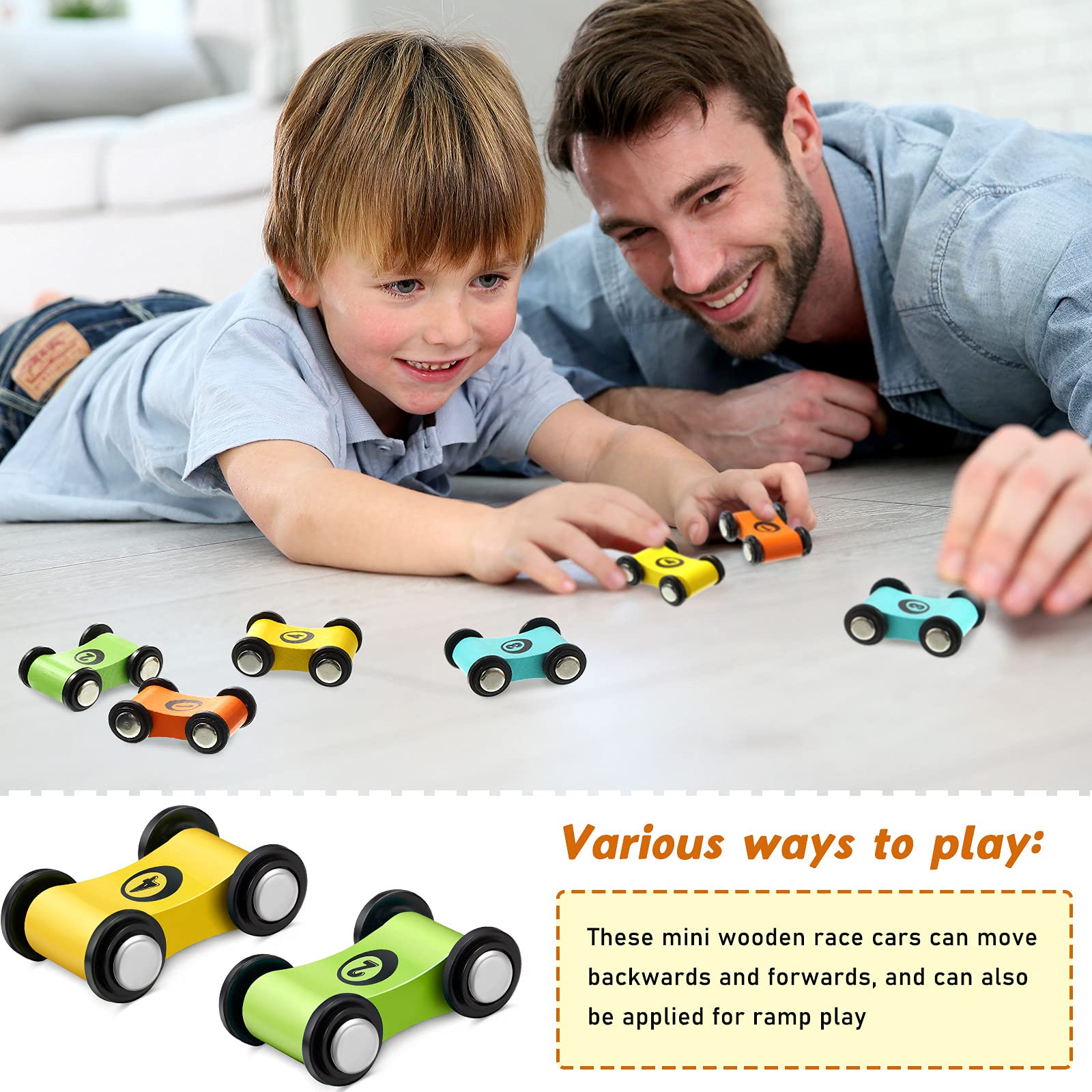 Sotiff 8 Pieces Wooden Mini Car Wood Race Car Track Ramp Replacement Toy Vehicle Play Sets for Toddlers Party Gift