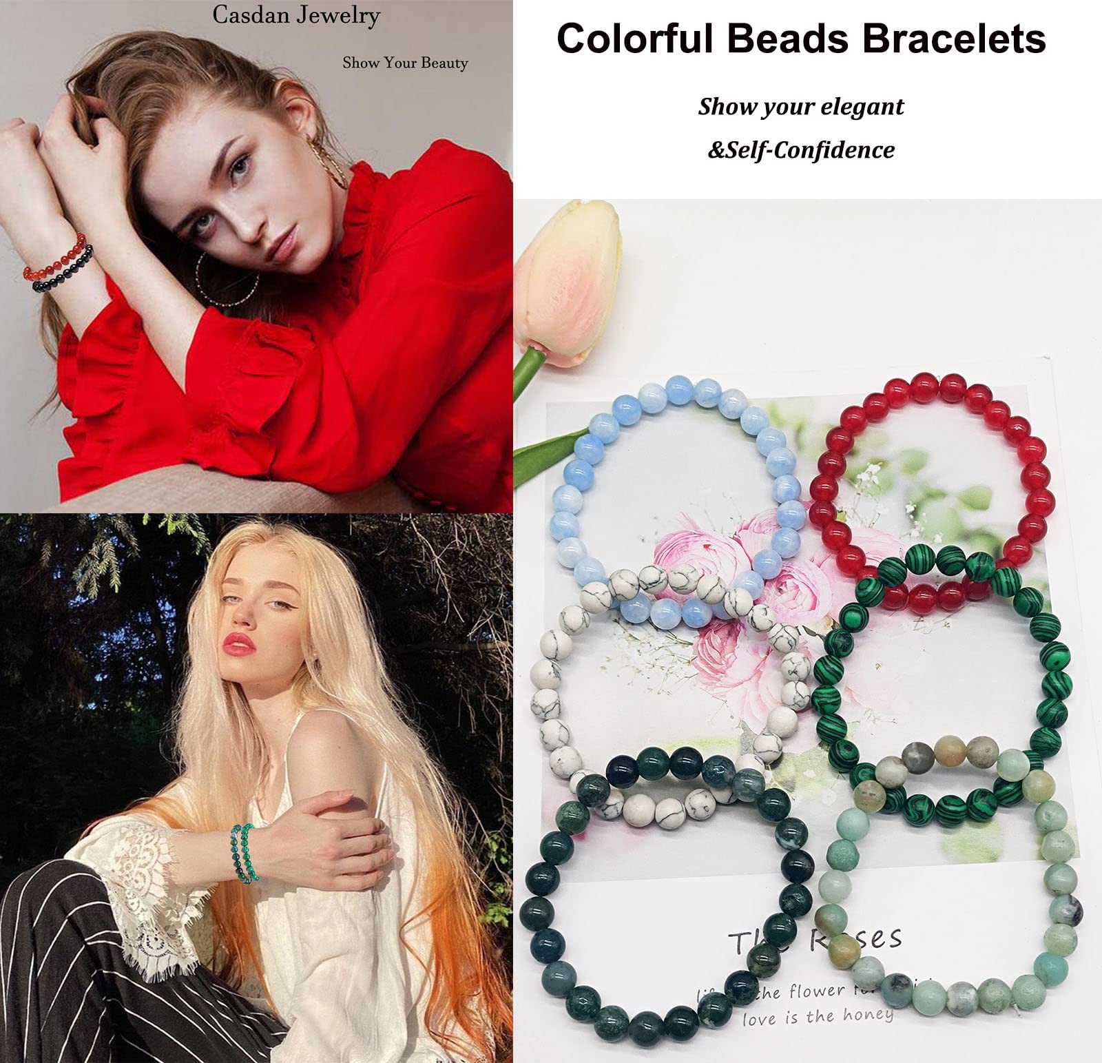 CASDAN 12 PCS 8mm Semi-Precious Gemstone Bracelet Healing Crystal Stone Stretch Bracelets for Women Men Round Beaded Elastic Bracelets