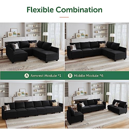 HONBAY Convertible Sectional Sofa Velvet U Shaped Couch with Reversible Chaise Modular Sectional Couch 6 Seater Sofa with Storage Seat, Black