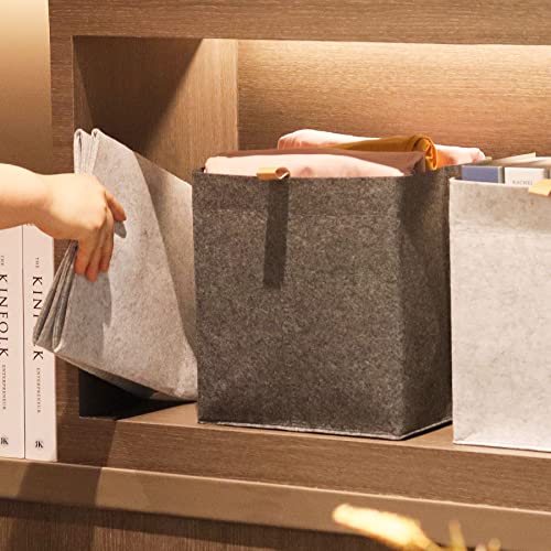 MILILOVE 3Pcs Felt Storage Basket 9x9.2x10.2" Cube, Fabric Cloth Storage Bin, Collapsible Organizer Basket with Handle for Cloth Toys Fordable Cloth Bin for Bedroom Playroom Office