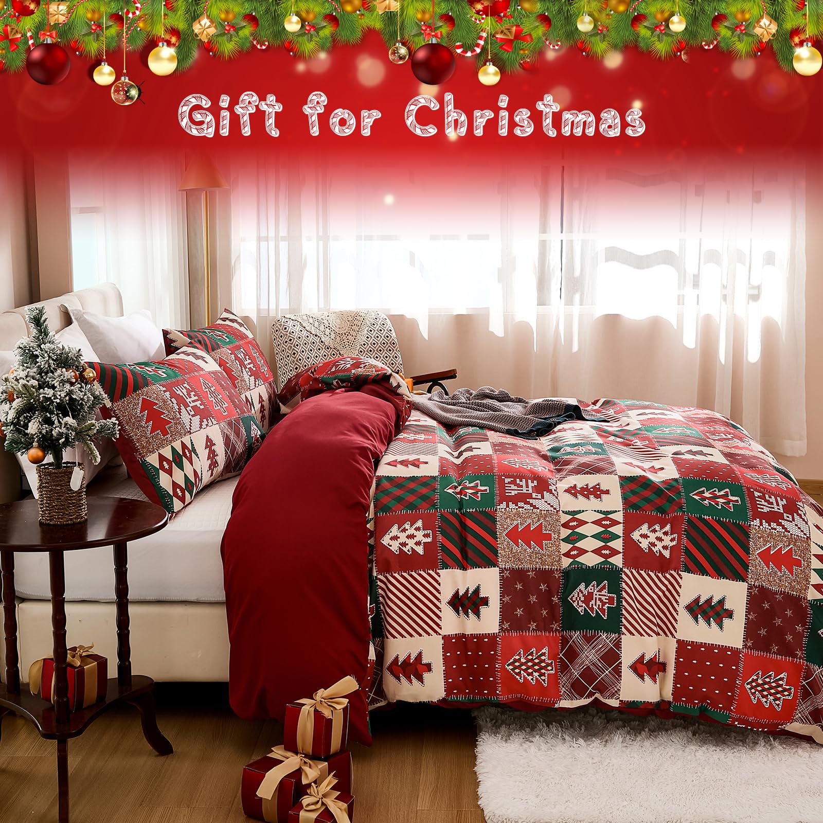 Dintszyayue Christmas Duvet Cover Set Queen Size,3 Pieces Patchwork Plaid Bedding Set Red and Green Christmas Tree Printed Duvet Soft Microfiber Duvet Comforter Covers with Zipper Closure