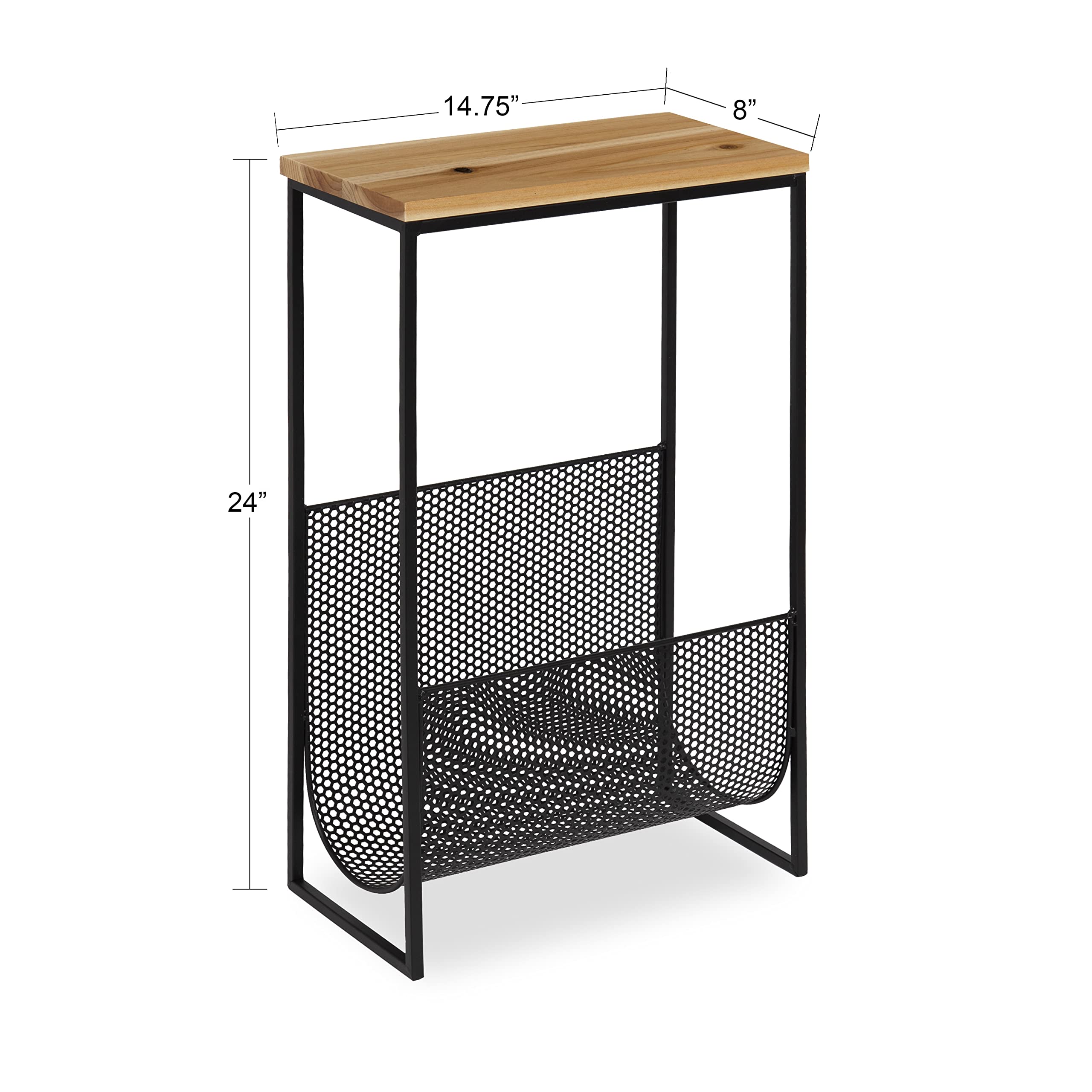Kate and Laurel Galen Accent Side Table and Magazine Rack with Natural Wood Top and Black Metal Base