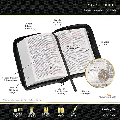 KJV Holy Bible, Mini Pocket Bible – Zippered Black Faux Leather Bible w/Ribbon Marker, King James Version (KJV Pocket Editions)
