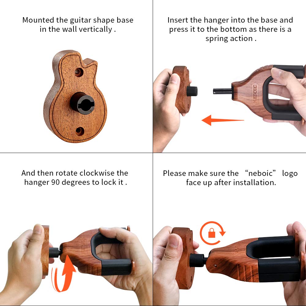 Neboic Guitar Wall Mount, Auto Lock Guitar Wall Hanger, Hard Wood Base in Guitar Shape Guitar Hook, Guitar Holder for Acoustic, Electric, Classical, Bass Guitars, Guitar Accessories