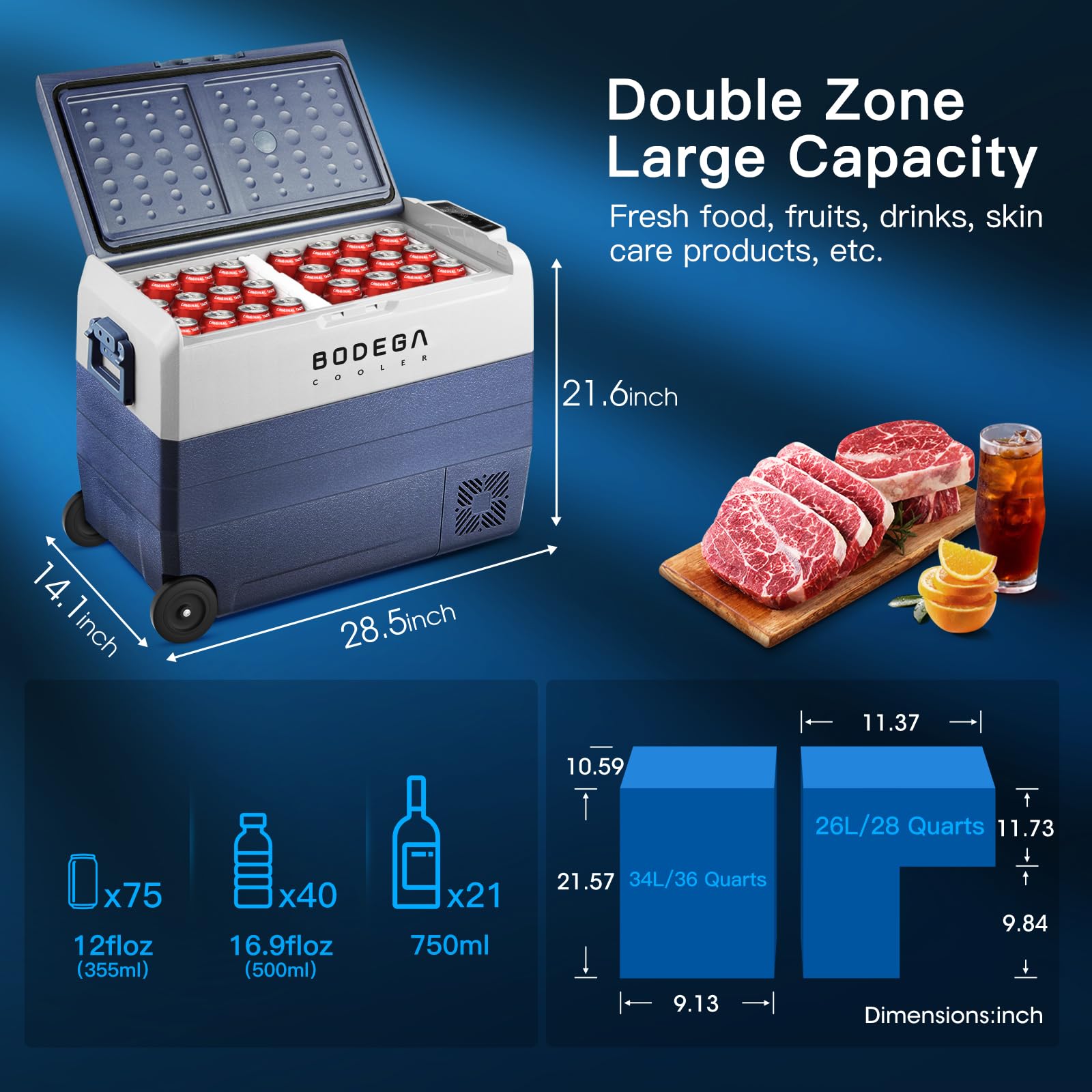 BODEGACOOLER 12 Volt Refrigerator,64 Quart Car Fridge Dual Zone WIFI APP Control,Portable Refrigerator Freezer (60L)-4℉-68℉,12v Cooler Fridge,12/24V DC and 100-240V AC for Outdoor,Camping,Travel,RV