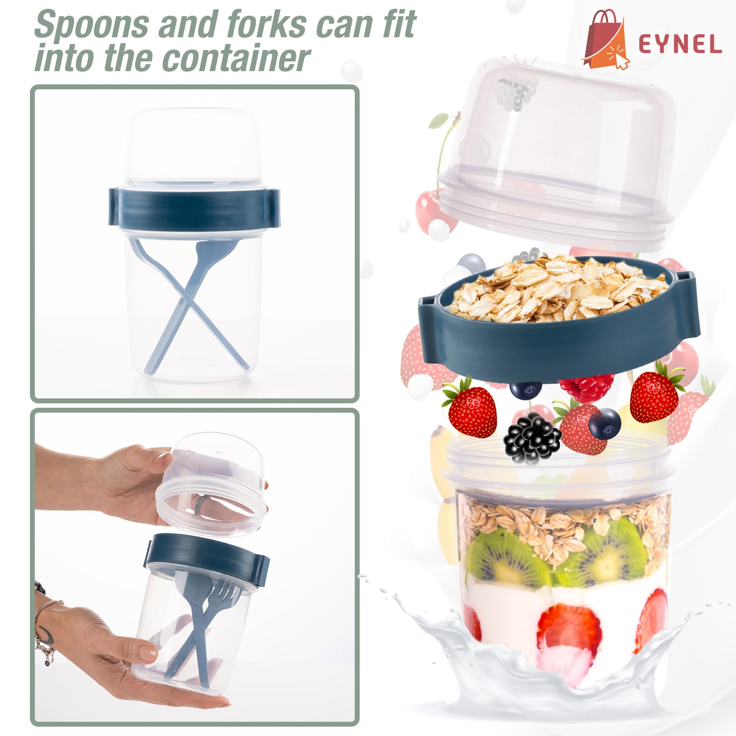 EYNEL 4 Pack On The Go 22 oz Breakfast Cups with Lids and Spoon, Reusable Cereal Yogurt Cup with Topping Plastic Overnight Oats Container for Granola Oatmeal (22 oz - 4 Pack)