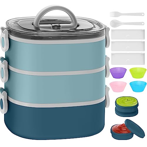 KHOXU Bento Lunch Box, Stackable 3 Layers Bento Box Adult Lunch Box, 94OZ Large Capacity Lunch Containers, Lunch Box Kids with Accessories Kit , Leak-Proof, Food-Safe Materials,Blue