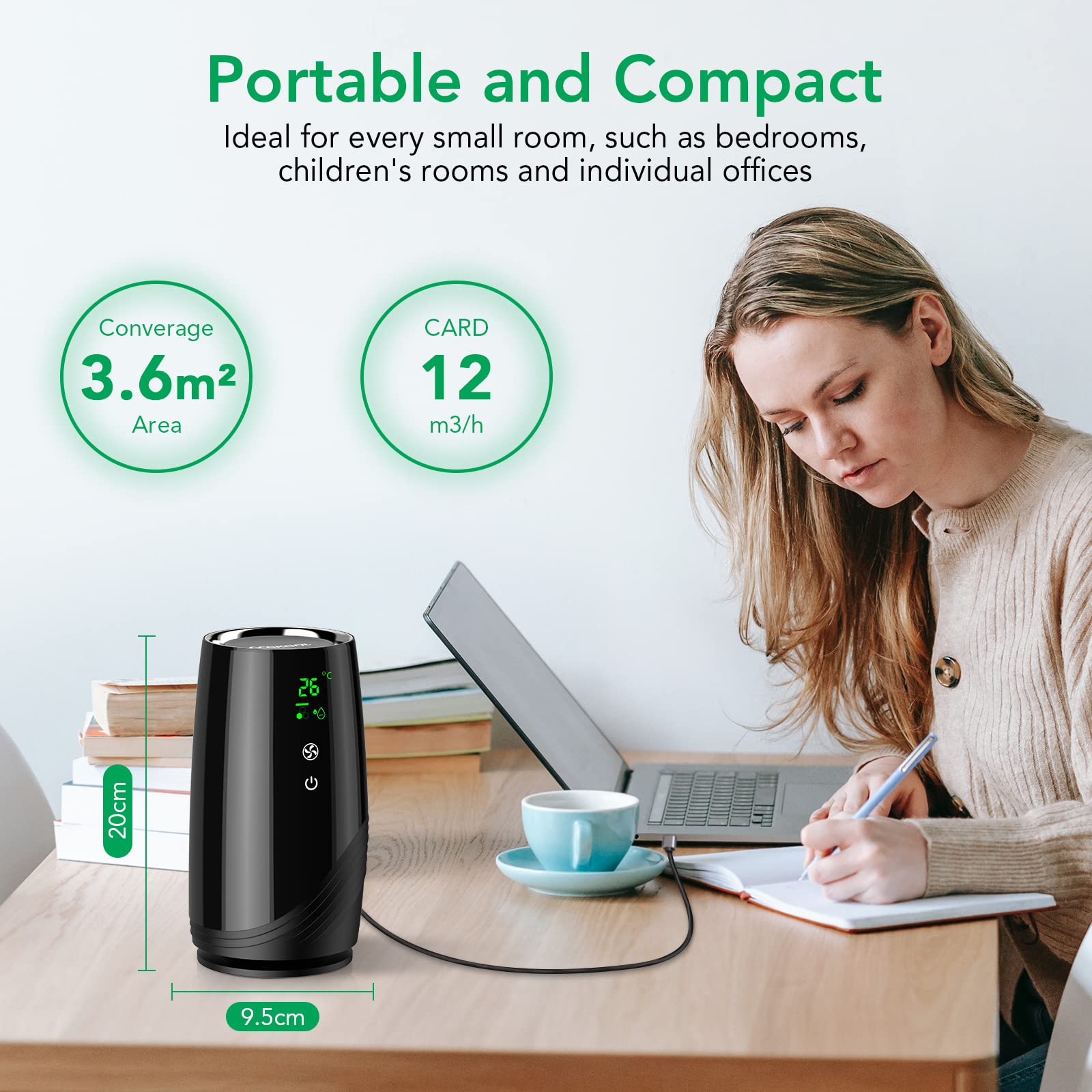 Desk Air Purifier for Office Bedroom - 3 Layer H13 True HEPA Filter Compact Air Cleaner with Smart Air Temperature & Humidity Display, Sleep Mode, Filter Change Reminder