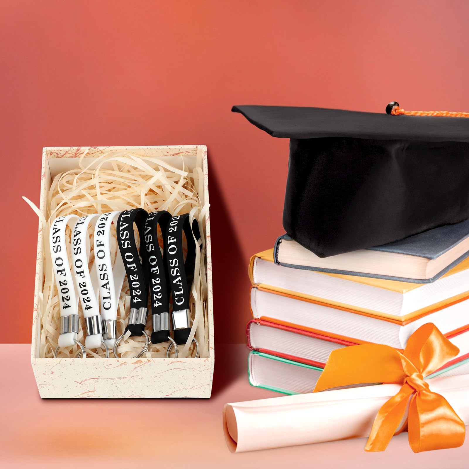 Ecation 50 Pcs Class of 2024 Graduation Keychains Silicone Rubber Keyring Graduation Party Favors Gifts for Student School (White, Black)