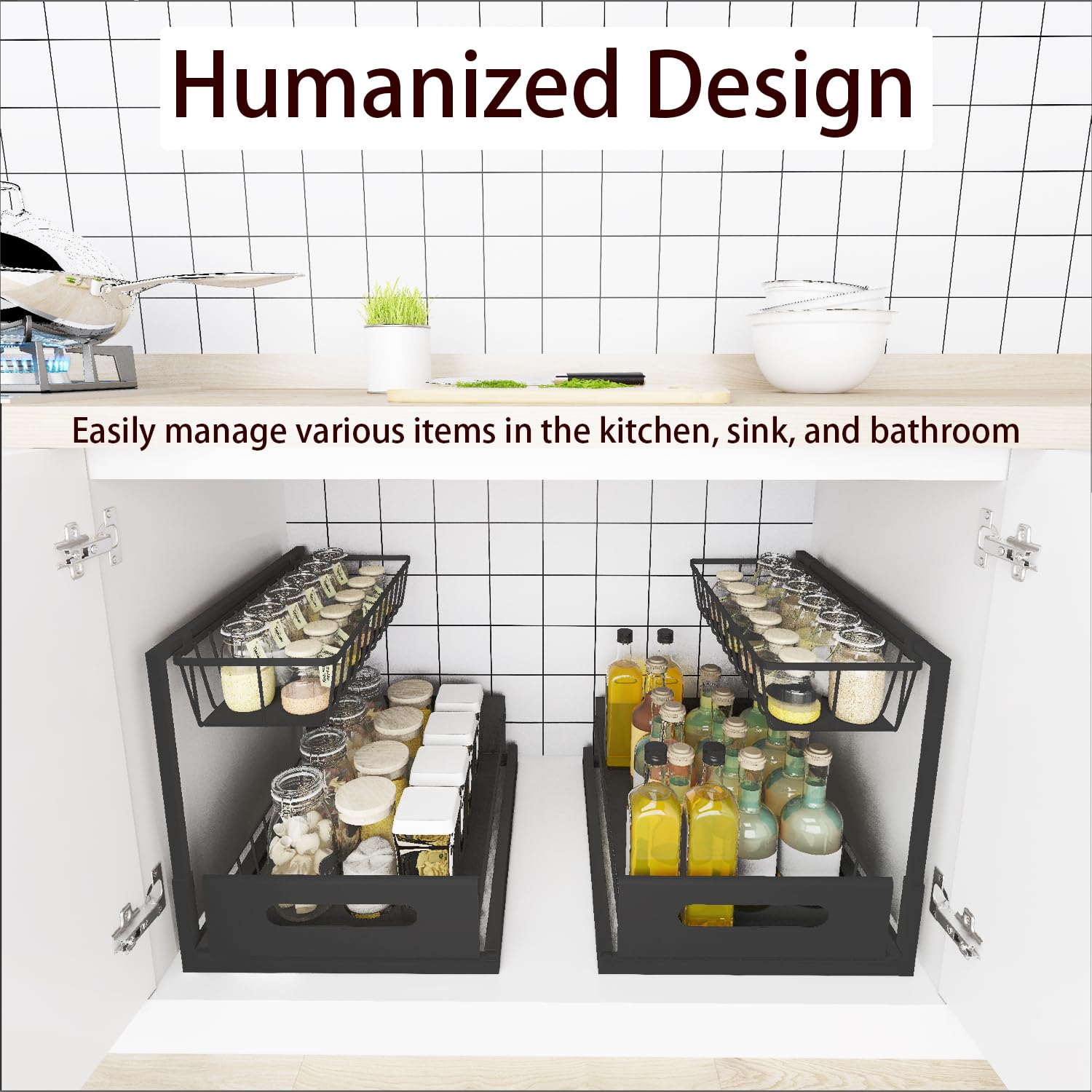 CEWIFO Kitchen Sink Organizer, Kitchen Organization 2 Tier Sliding Cabinet Basket Organizer Drawer Pull Out Cabinet Organizer, Multi-Use Pull Out Cabinet Organizer for Bathroom, Kitchen