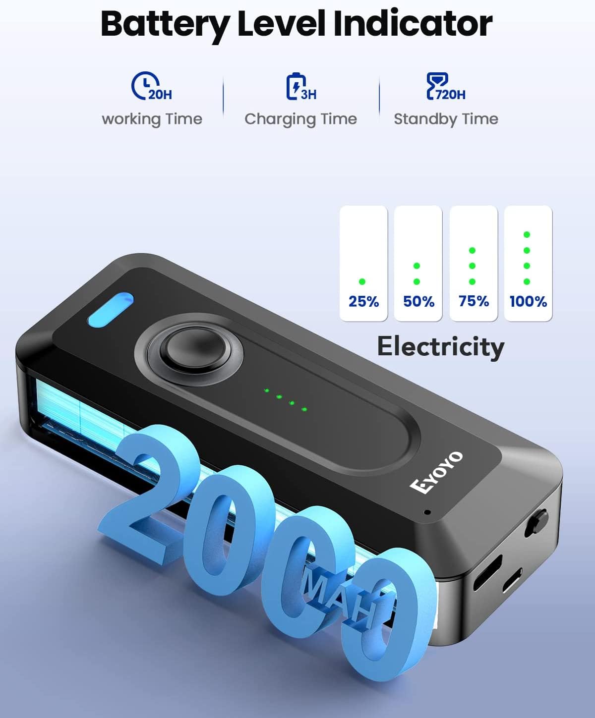 Eyoyo Bluetooth 2D Wireless Barcode Scanner with Clip, 2000mAh Battery with Level Indicator, Portable Mini Bar Code Reader for Inventory Compatible with iPhone, iPad, Android Phone
