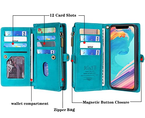 MInCYB Compatible with iPhone 14 Pro Wallet Case, Zipper Case with RFID Blocking Card Holder Slots for Women Men, Magnetic Detachable Leather Cover with Wristlet Strap for iPhone 14 Pro. Blue
