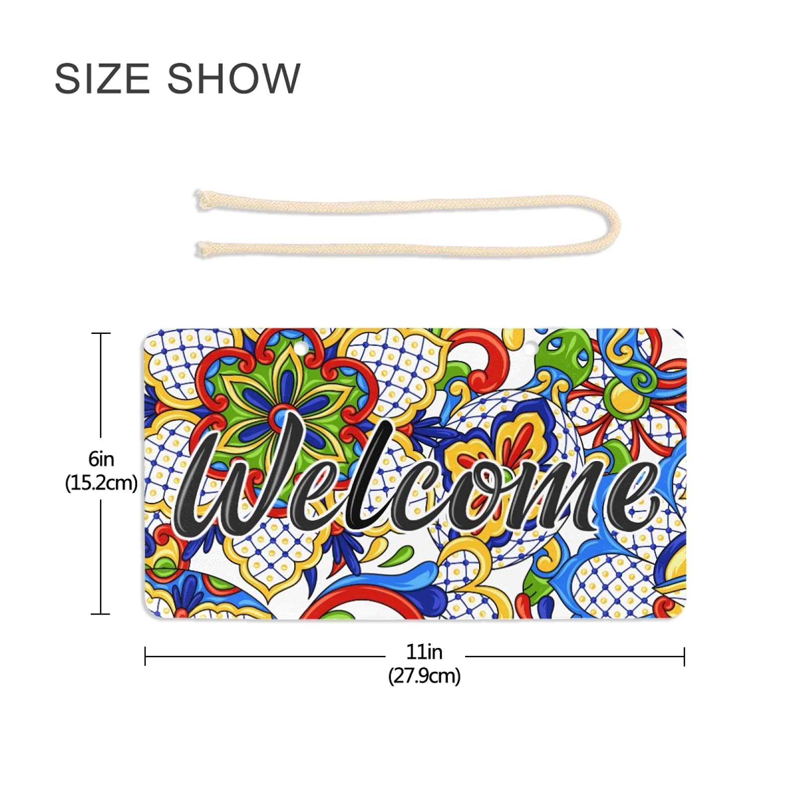 xigua Hanging Plaque Welcome Sign with String, Gate Wall Sign for Front Door Porch Garden Farmhouse Home Bar Cafe Doors Decor, Mexican Talavera Ceramic
