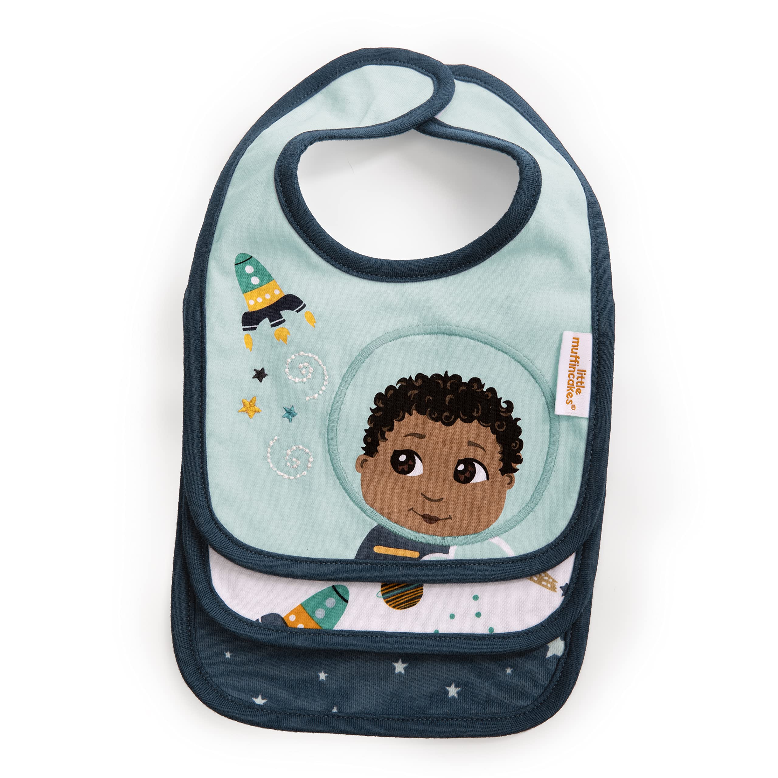 Little Muffincakes Baby Bibs 3 Pack Cotton Blend Hook-and-Loop Closure - Astronaut and Rocketships (Ashton) Newborn & up, Blue, Small