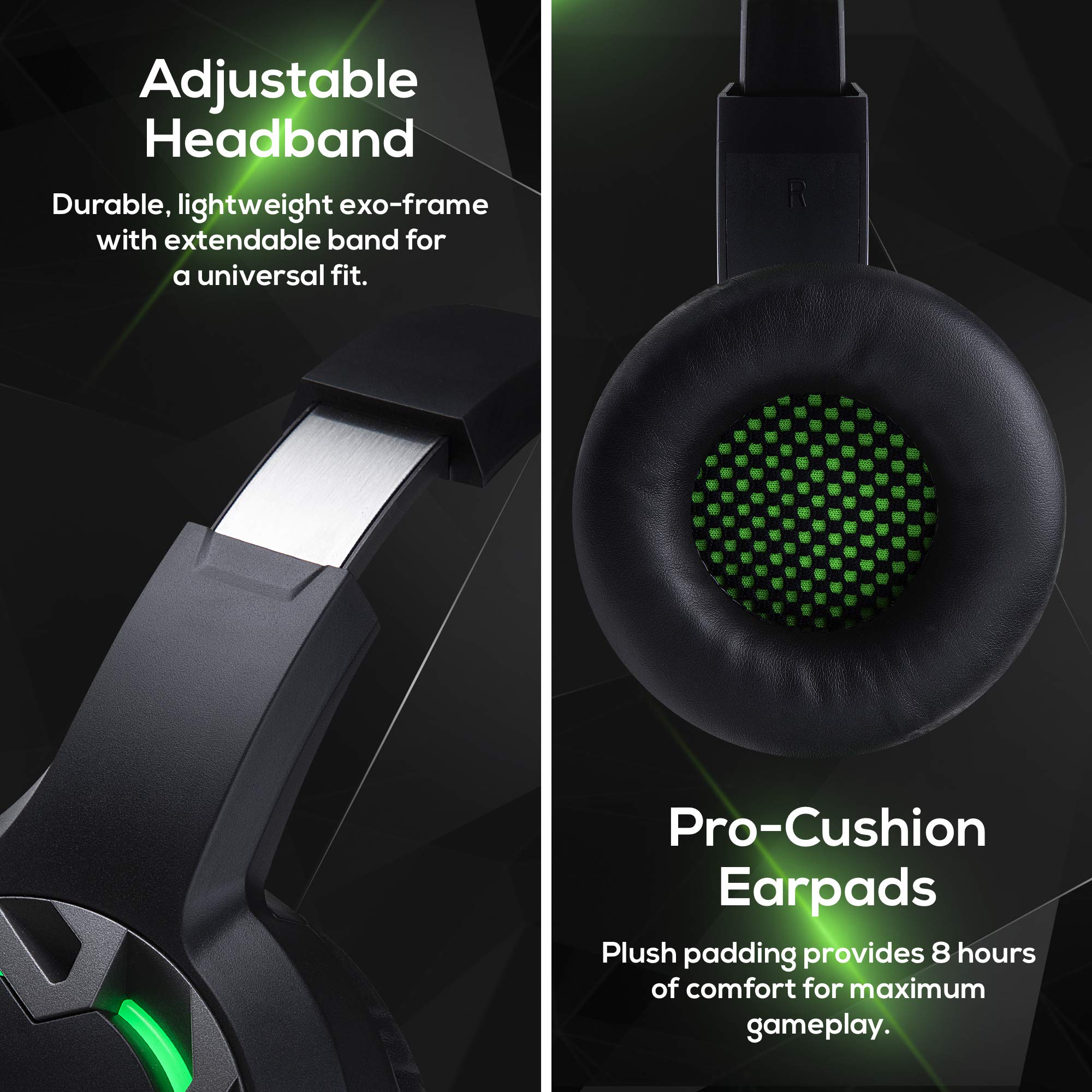 Phenom EXPO3 Stereo Gaming Headset for PS4, Xbox, Tablet or Smartphone, Noise Cancelling Headphones with Boom Mic and LED Glow Lights (Green)
