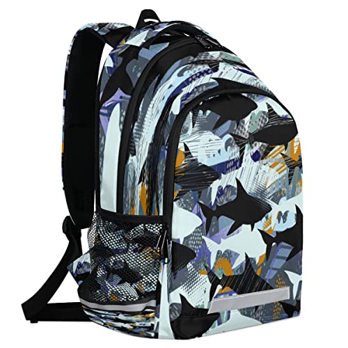 Grung Cool Shark Larger Student School Backpack, Durable Waterproof Travel Bag Daypack Laptop Bags College Bookbags with Reflective Strip