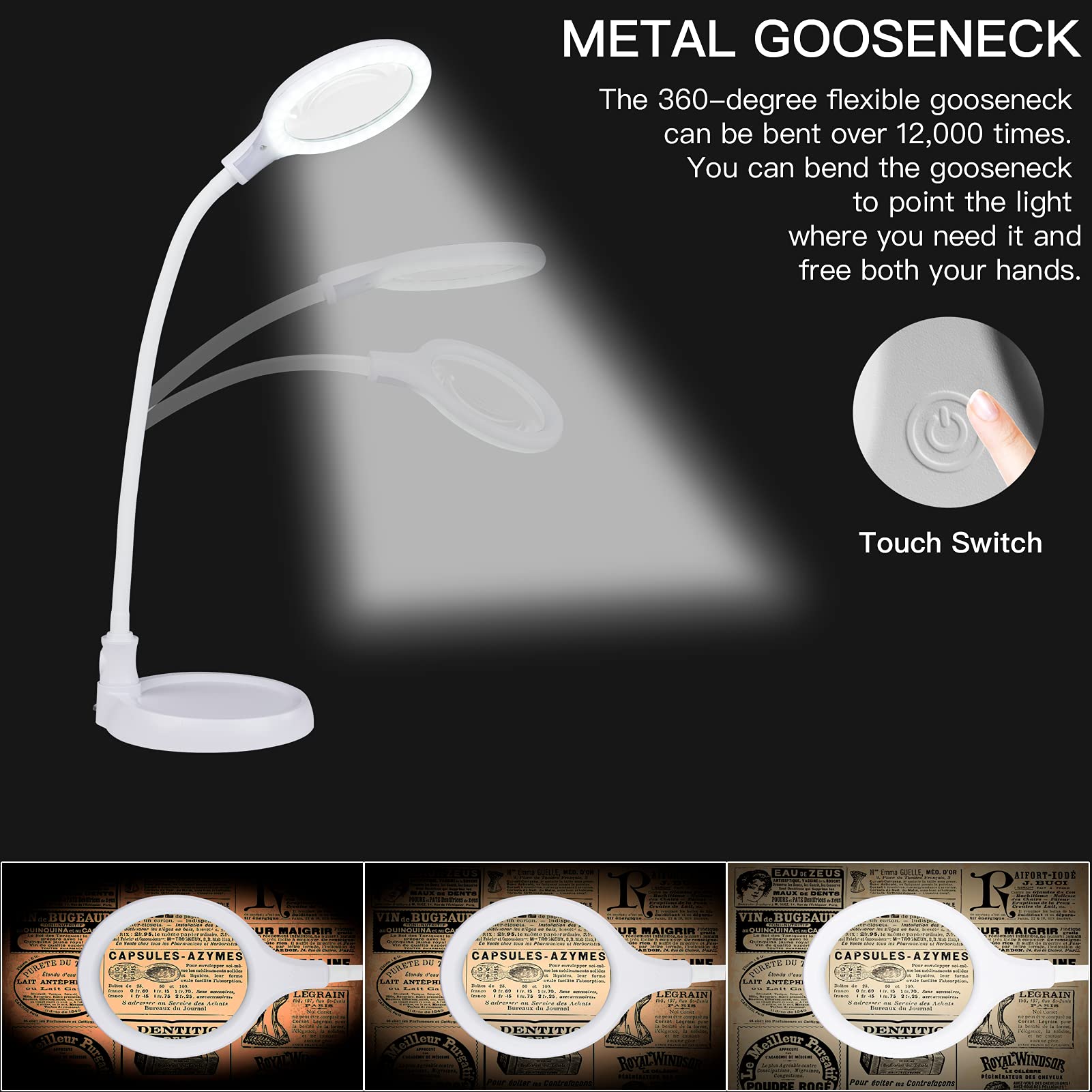 COSYWARM 5X Magnifying Lamp,Lighted Magnifying Glass with Light and Stand Hands Free, Desk Magnifying Light, LED Magnifier Work Lamp for Reading, Crafts, Sewing, Hobbies.
