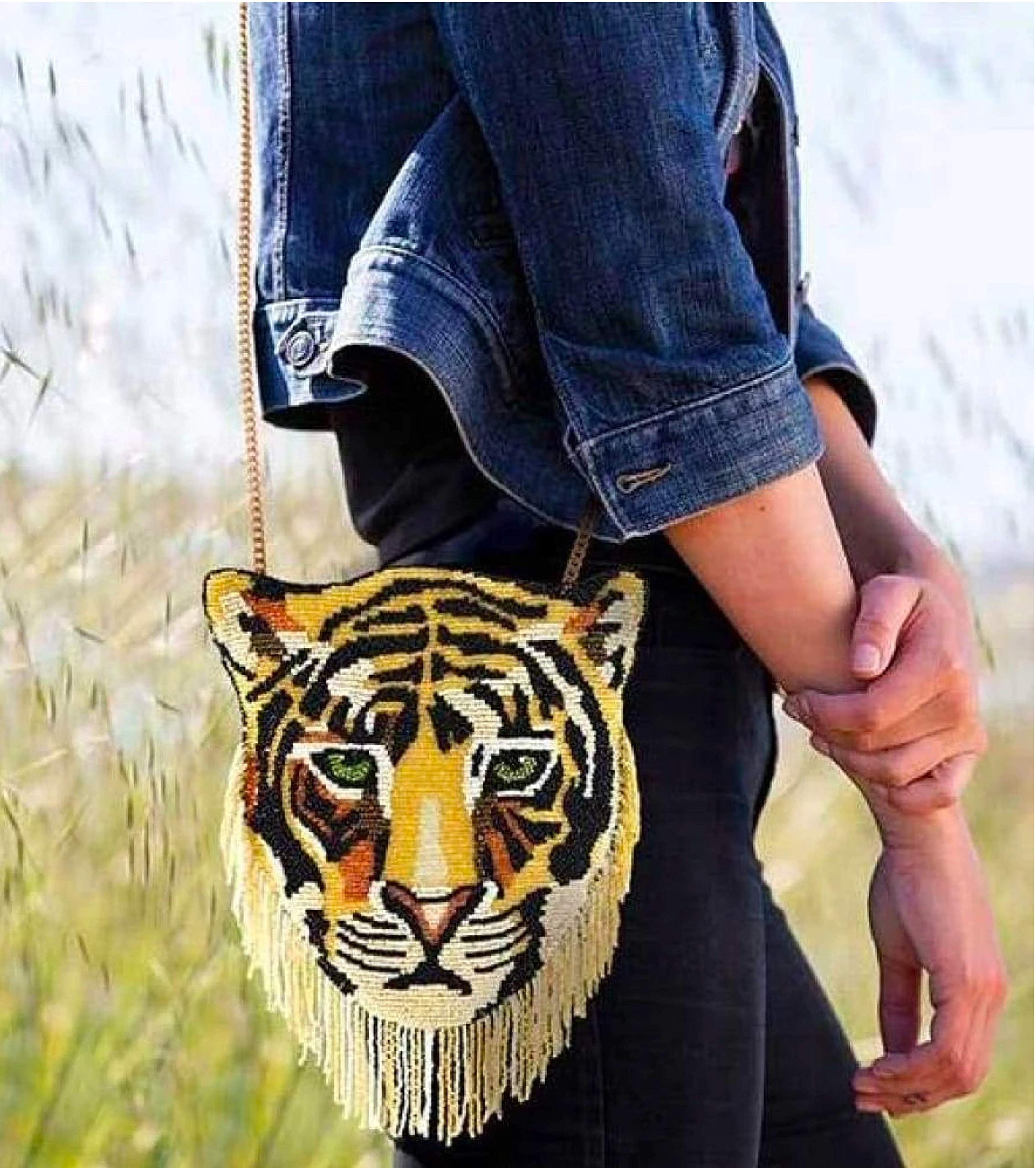Mary Frances Accessories – Crossbody Handbag – Rajah Tiger Beaded Purse for Women – 8 in. x 0.5 in. x 8 in