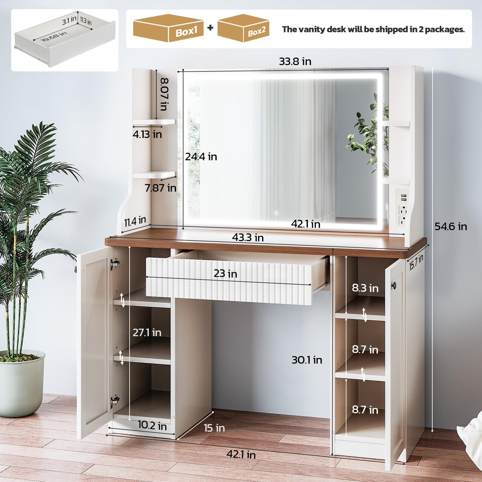 Dripex Makeup Vanity Desk with Mirror and Lights LED Makeup Table with Drawer, Cabinets, Power Strip, for Bedroom Dressing Table - White