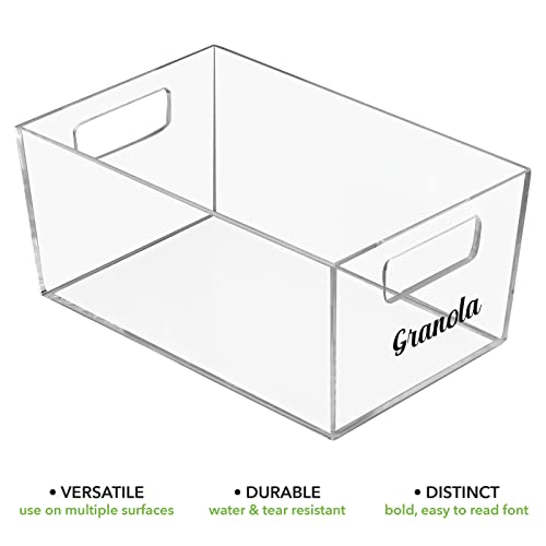mDesign Small Plastic Kitchen Storage Container Bin, Handles for Organization in Pantry, Cabinet, Refrigerator, Freezer - Hold Food, Drink, Snacks, Prism Collection, Includes 2 Bins, 32 Labels, Clear