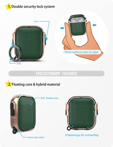 GuarzFun case for AirPods 1st & 2nd Case, Secure Lock Airpod case with Lock lid Keychain Clip, Full Body Hybrid Material Protective Cover for Men Women (Rose Golden + Green)
