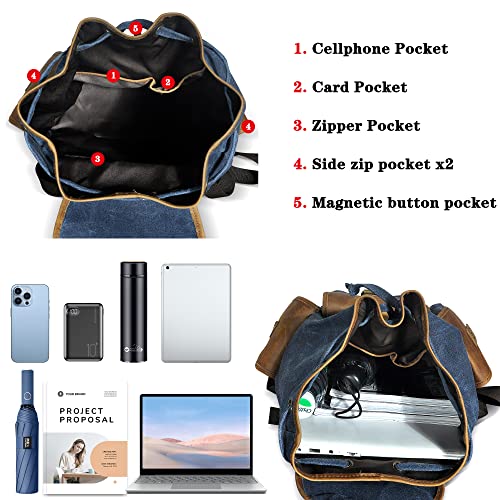 Handadsume Water Resistant Canvas + Leather Large Travel Back-pack Rucksack Knapsack Laptop Bag For Men FB1170 (X-9950-Blue)