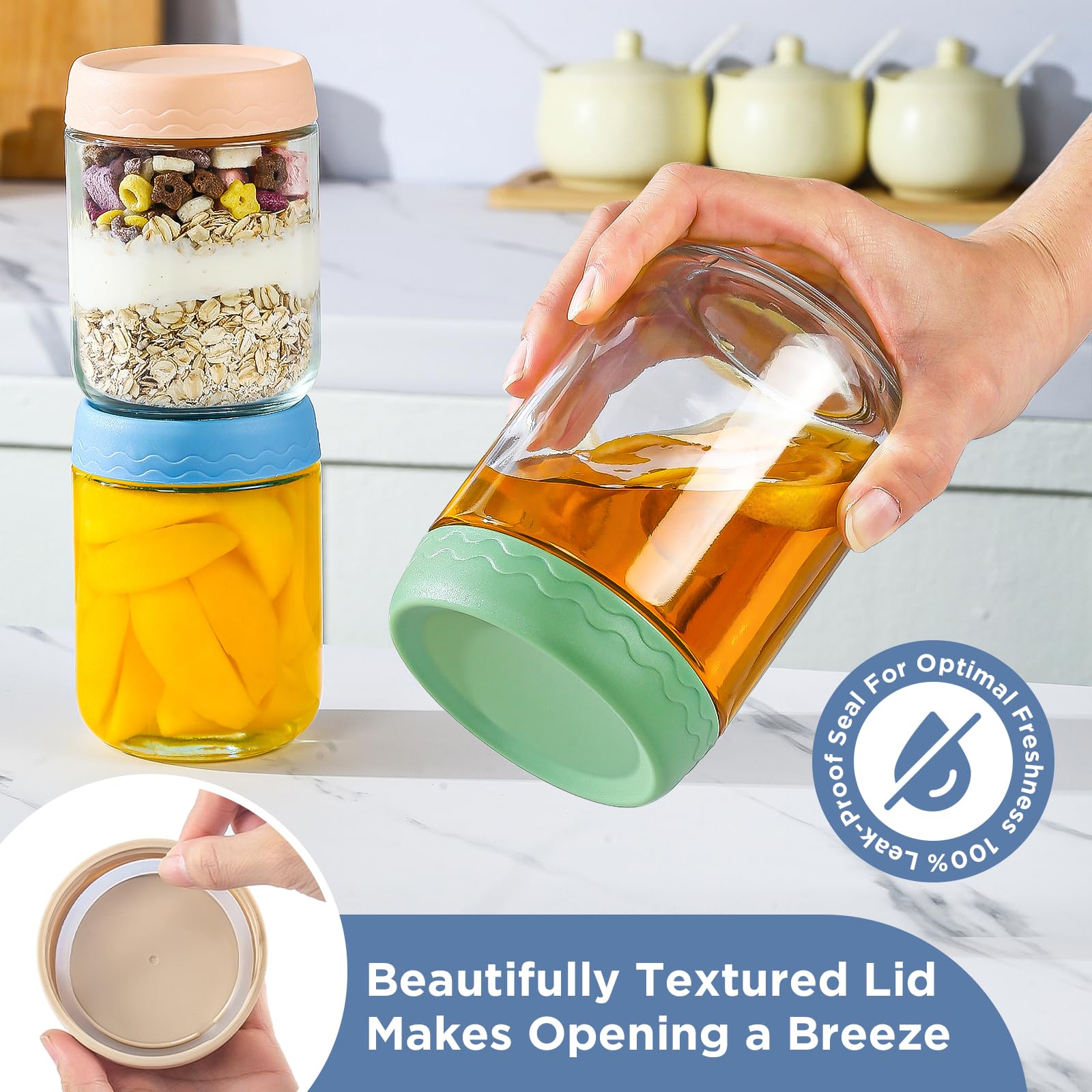 DRKIO 16 Oz Overnight Oats Containers with Lids - 4 Pack Glass Storage Jars with Airtight Lids Wide Mouth Mason Food Jars Great for Meal Prep Salad Chia Pudding Snacks Yogurt Sugar Spice Cereal