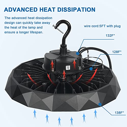 HONMY LED High Bay Light 100W 1-10V Dimmable 5000K 15000LM IP65 Waterproof UFO Commercial Bay Lighting with 5ft US Cable Plug for Warehouse Workshop Garage Factory Lights Fixture