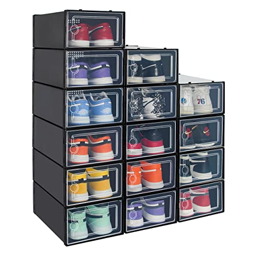 Hrrsaki 15 Pack Foldable Shoe Storage Boxes, Black Plastic Stackable Shoe Organizer Boxes with Front Opening Lids, Ventilation and Dust-proof, Shoe Container Boxes for Closet, Bedroom, Bathroom, Fit for Women/Men Size 9(13” x 9” x 5.5”)