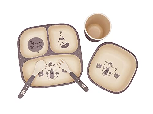 Kids 5 piece Dinnerware Set - Bamboo Toddler Dinner Set - Dishwasher Safe - The Perfect Childrens Dining Set With A Bowl, Plate, Cup And Utensils- Divided Plate Which Is Great For Fussy Eaters