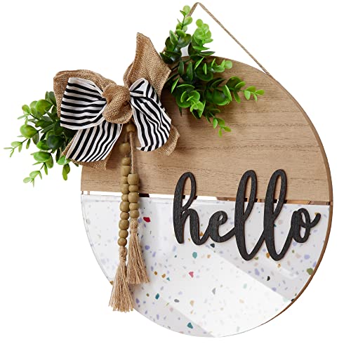 Heart Carpenter Welcome Sign Wall Art Room Decor with Spring Summer Green Eucalyptus Wreath Front Door Decoration, Rustic Round Wood Wall Window Decoration Living,Bedroom,Bathroom,Outdoor, Farmhouse, Porch