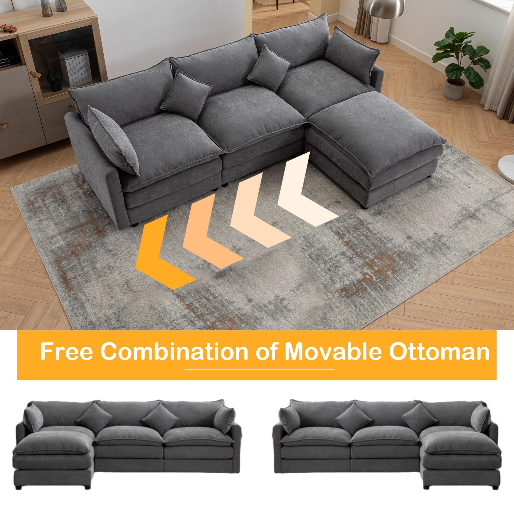 Dolonm L Shaped Sofa Modern Grey Sectional Couches for Living Room Extra Large Cloud Couch 3 Seater Upholstered Sofa with Ottoman, 101 Inch Wide