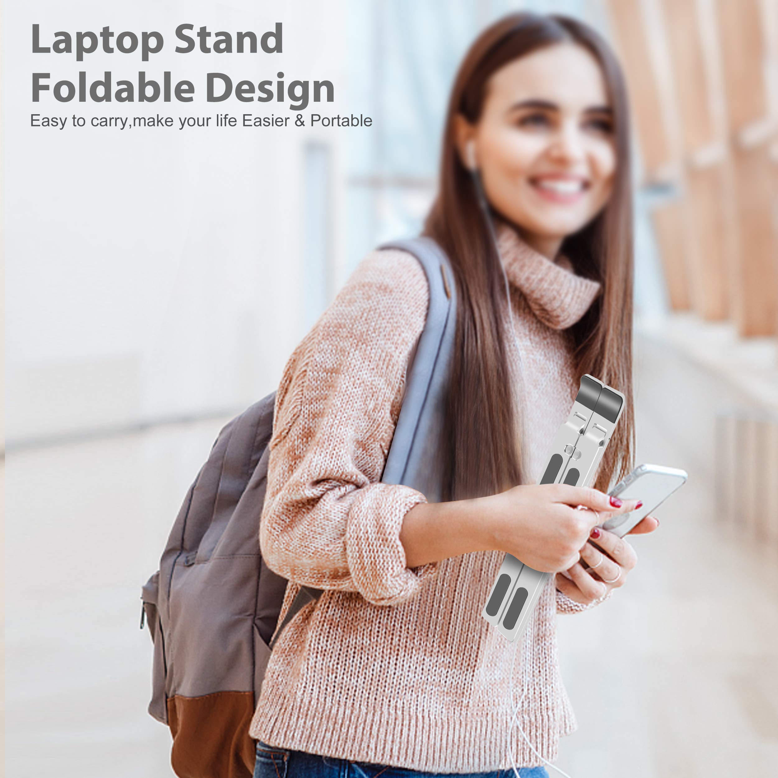 BY4U Laptop Stand for Desk, Portable Laptop Stand Adjustable Height, Foldable Laptop Holder, Non-Slip Aluminum MacBook Computer Stand 9 Angles Anti-Slip Laptop Riser Compatible with 7-17 inch Laptops