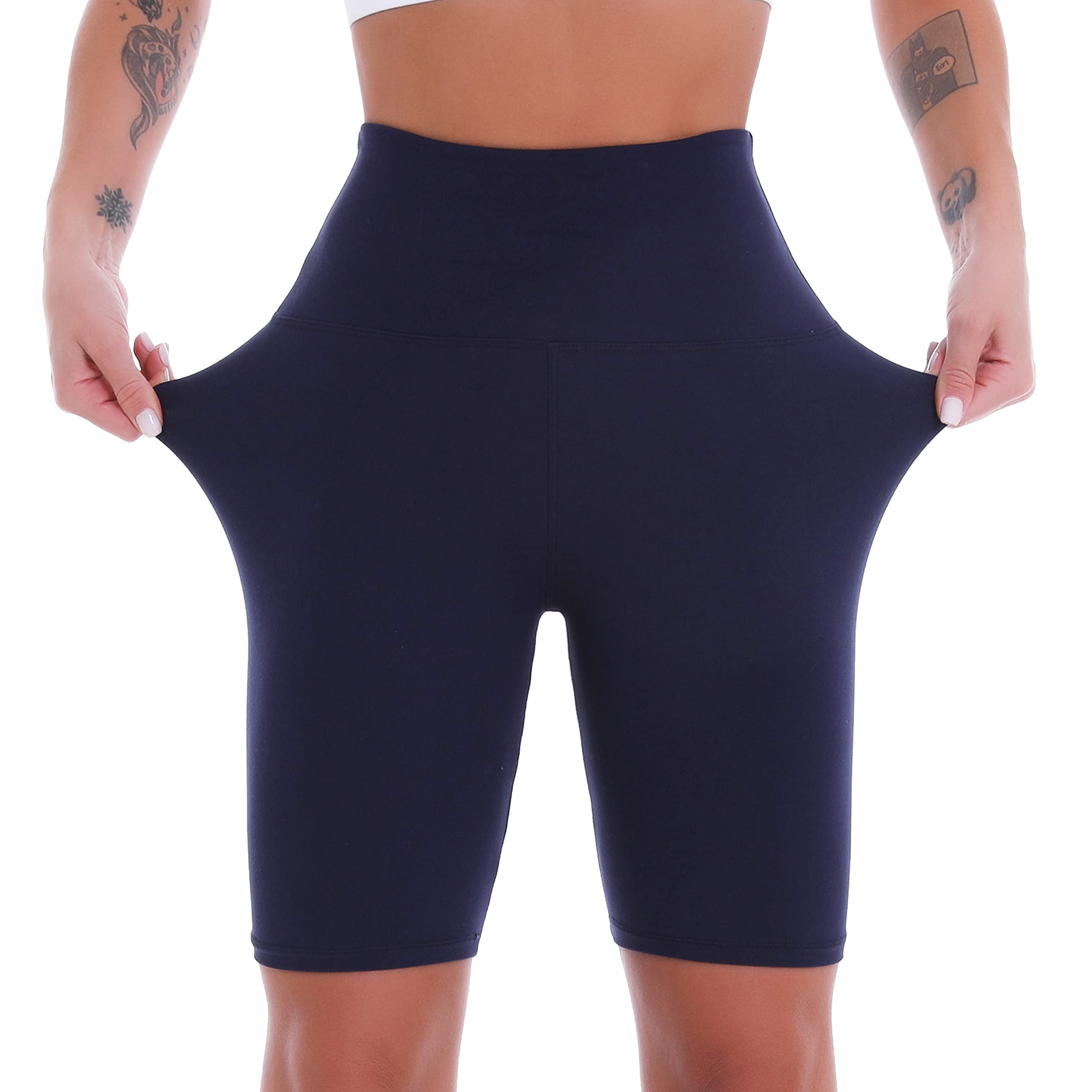 CASRUNCLO Biker Shorts for Women High Waisted 8" Soft Opaque Spandex Workout Shorts for Athletic Running Yoga 3 Pack Black Gray Navy Blue