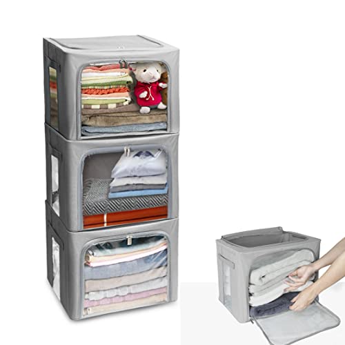 Stackable Clothes Storage Box for Clothing Gadgets,Steel Frame Storage Bins for Bedding Blankets Toys Gift,Foldable Oxford Fabric Closet Organizer Bag Set with Carry Handles and Clear Window (Medium- 40L x3 Pack, Grey)
