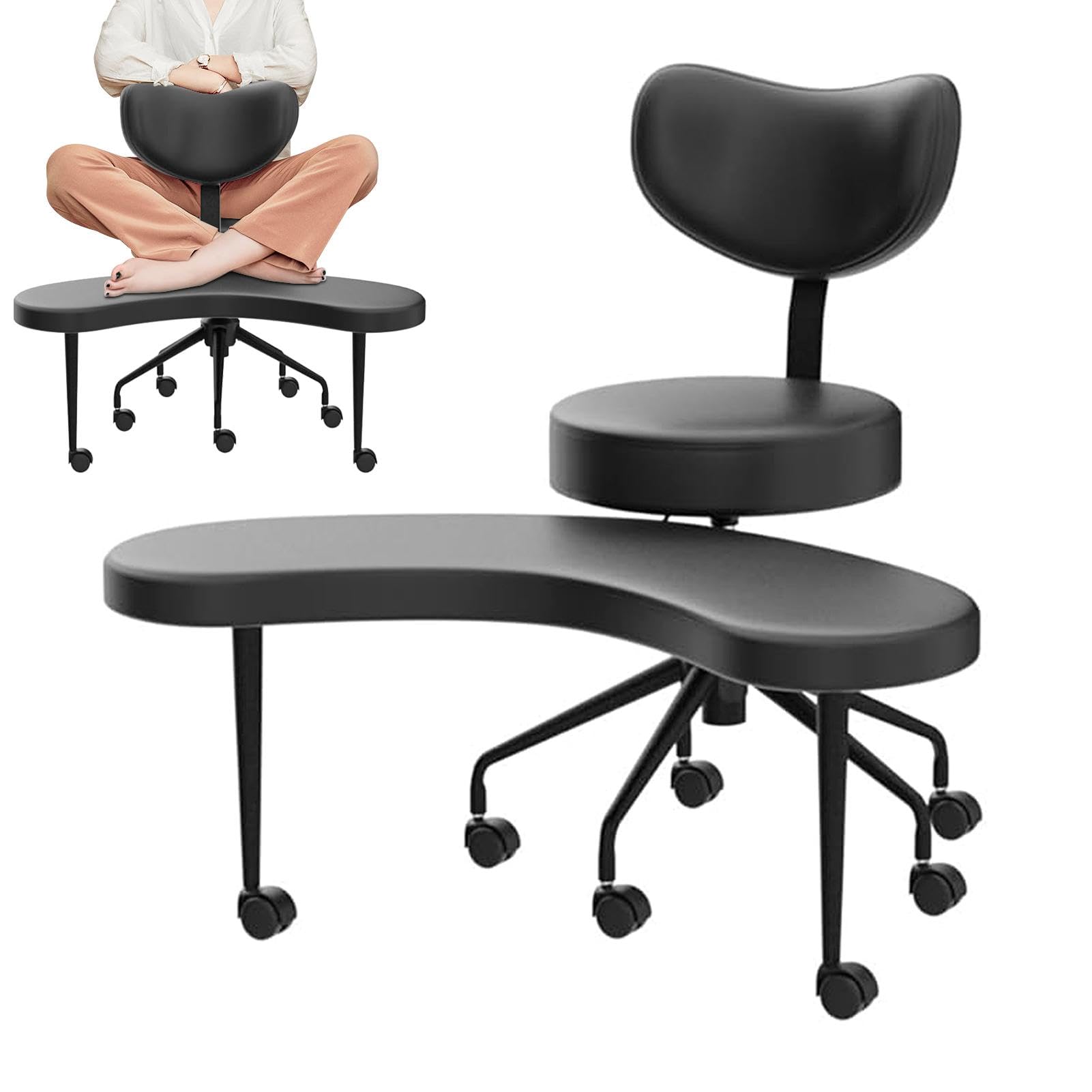 Ergonomic Mobile Traverse Legged Desk Chair with Wheels,Meditation Chair,Traverse Legged Office Chair with Lumbar Support and Adjustable Stool, Flexible Design for for Home & Office(Black)