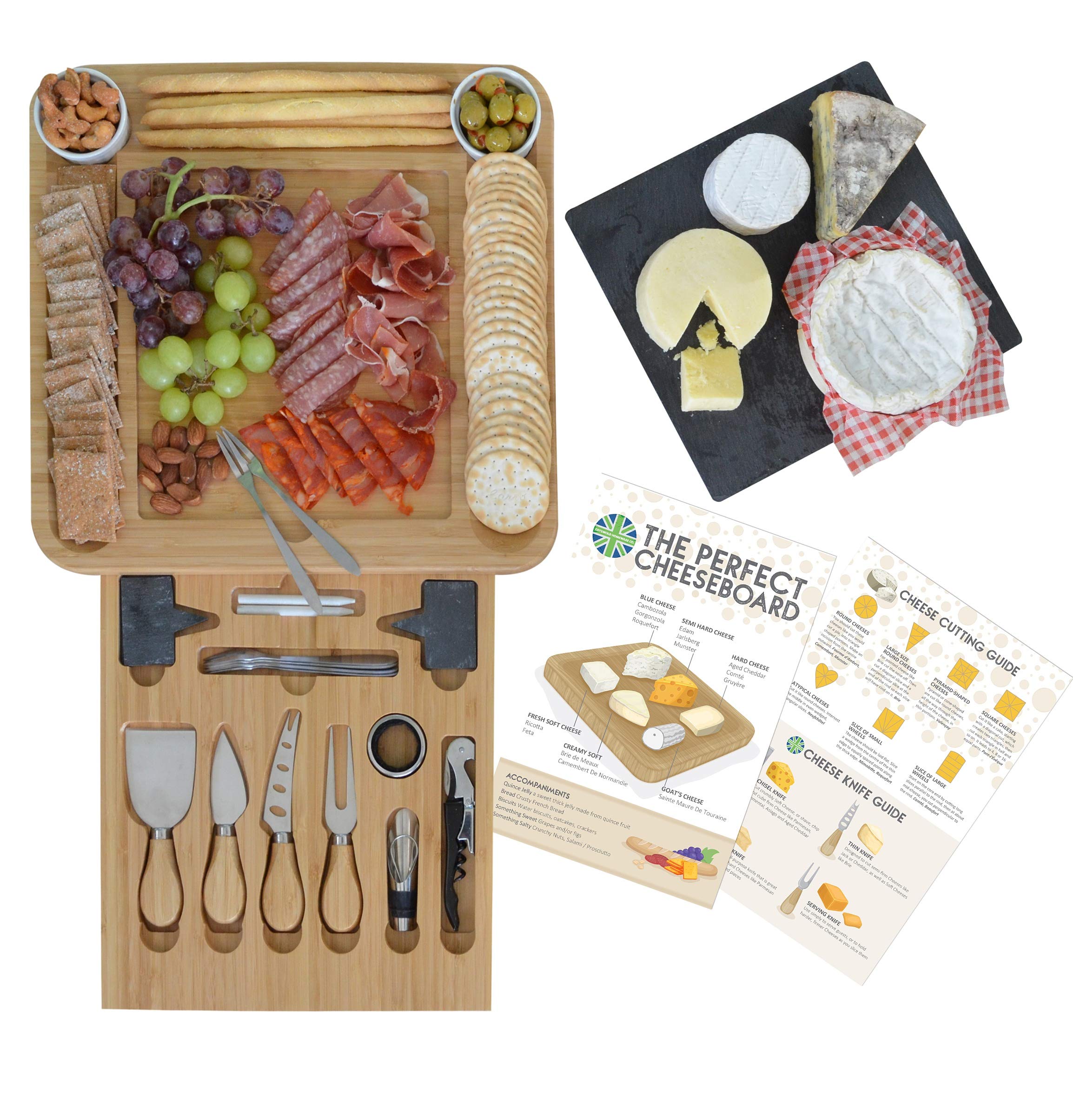 Cotswold Homeware Co Cheese Board Set - Wooden Serving Platter, Cheese Cutting Board & Cheese Knife Set, Charcuterie Accessories, Unique for Housewarming, Party Hosting Essentials